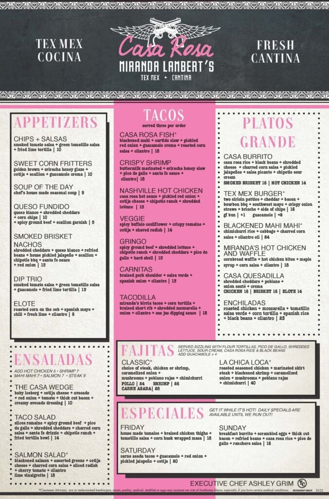 MENU - Miranda Lambert's Casa Rosa Nashville