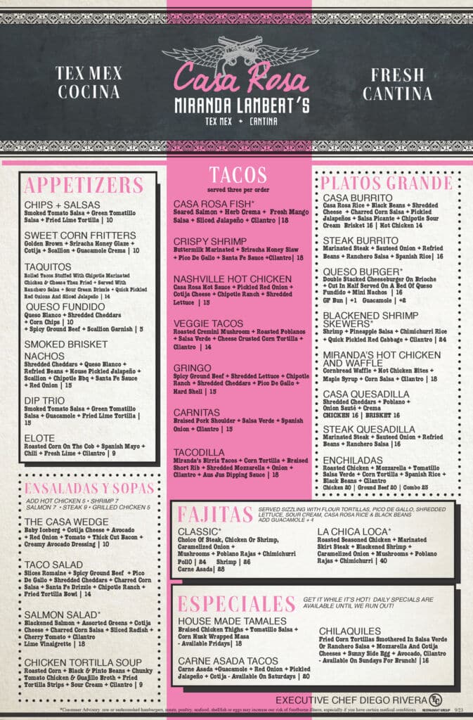 MENU - Miranda Lambert's Casa Rosa Nashville