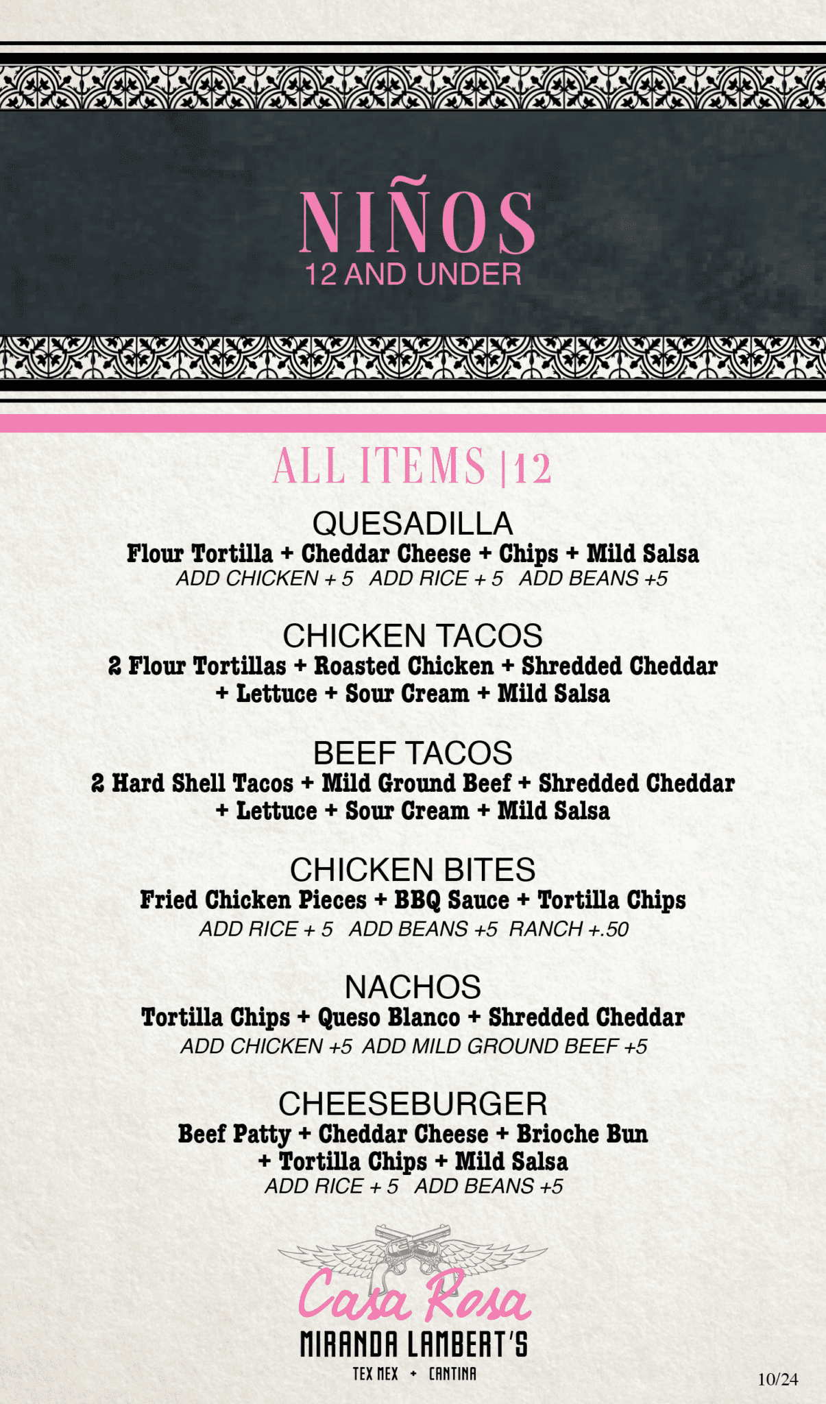 MENU - Miranda Lambert's Casa Rosa Nashville