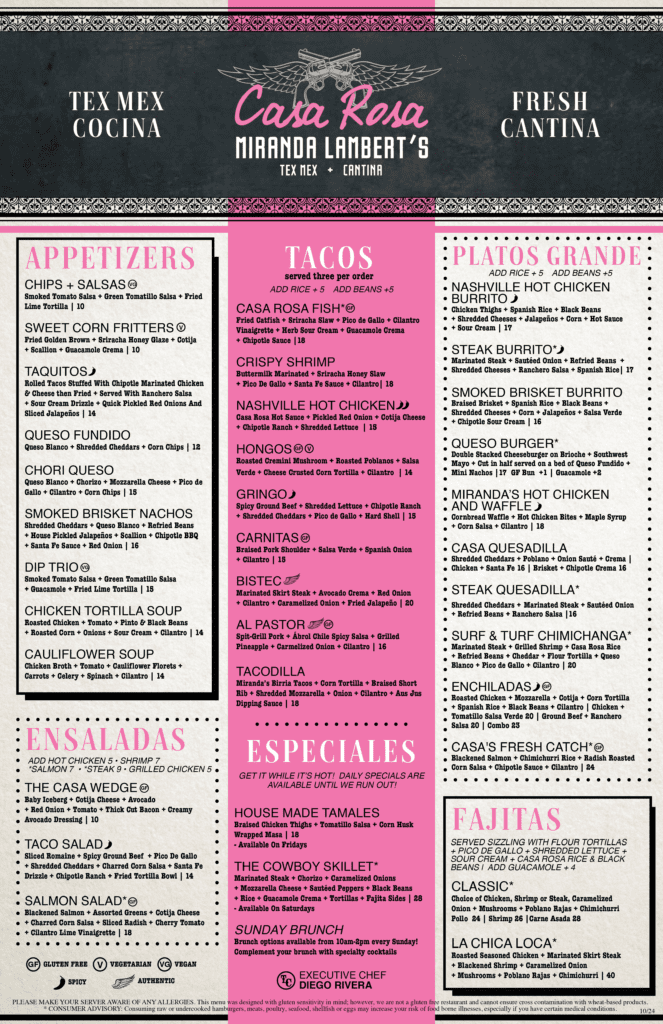 MENU - Miranda Lambert's Casa Rosa Nashville