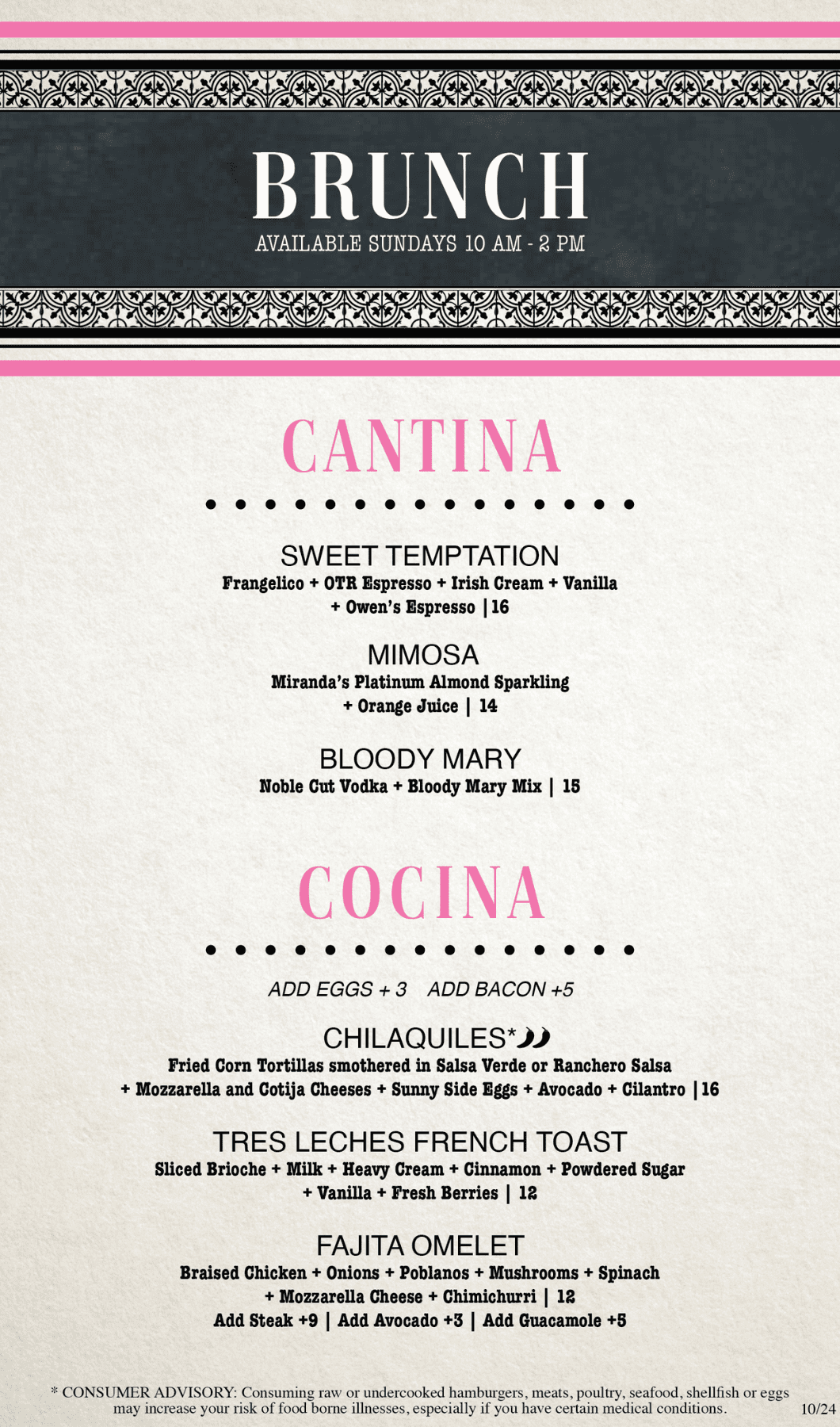 MENU - Miranda Lambert's Casa Rosa Nashville