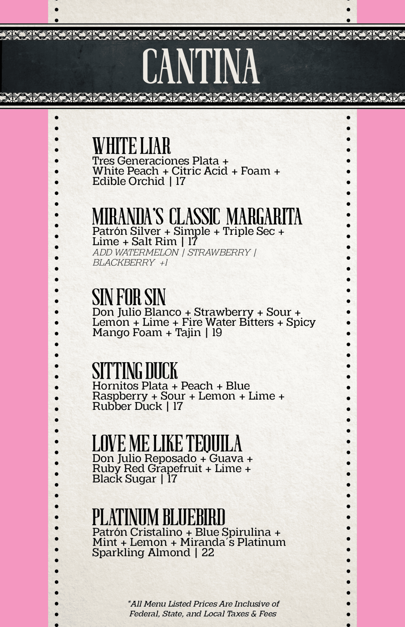 MENU - Miranda Lambert's Casa Rosa Nashville