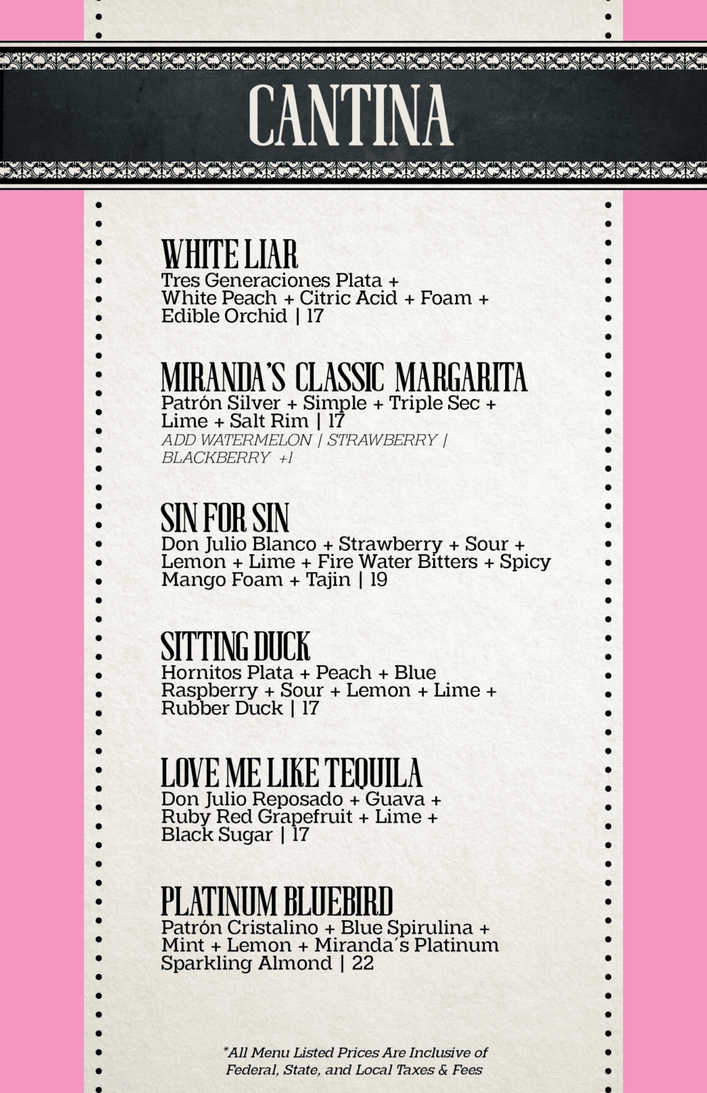 MENU - Miranda Lambert's Casa Rosa Nashville