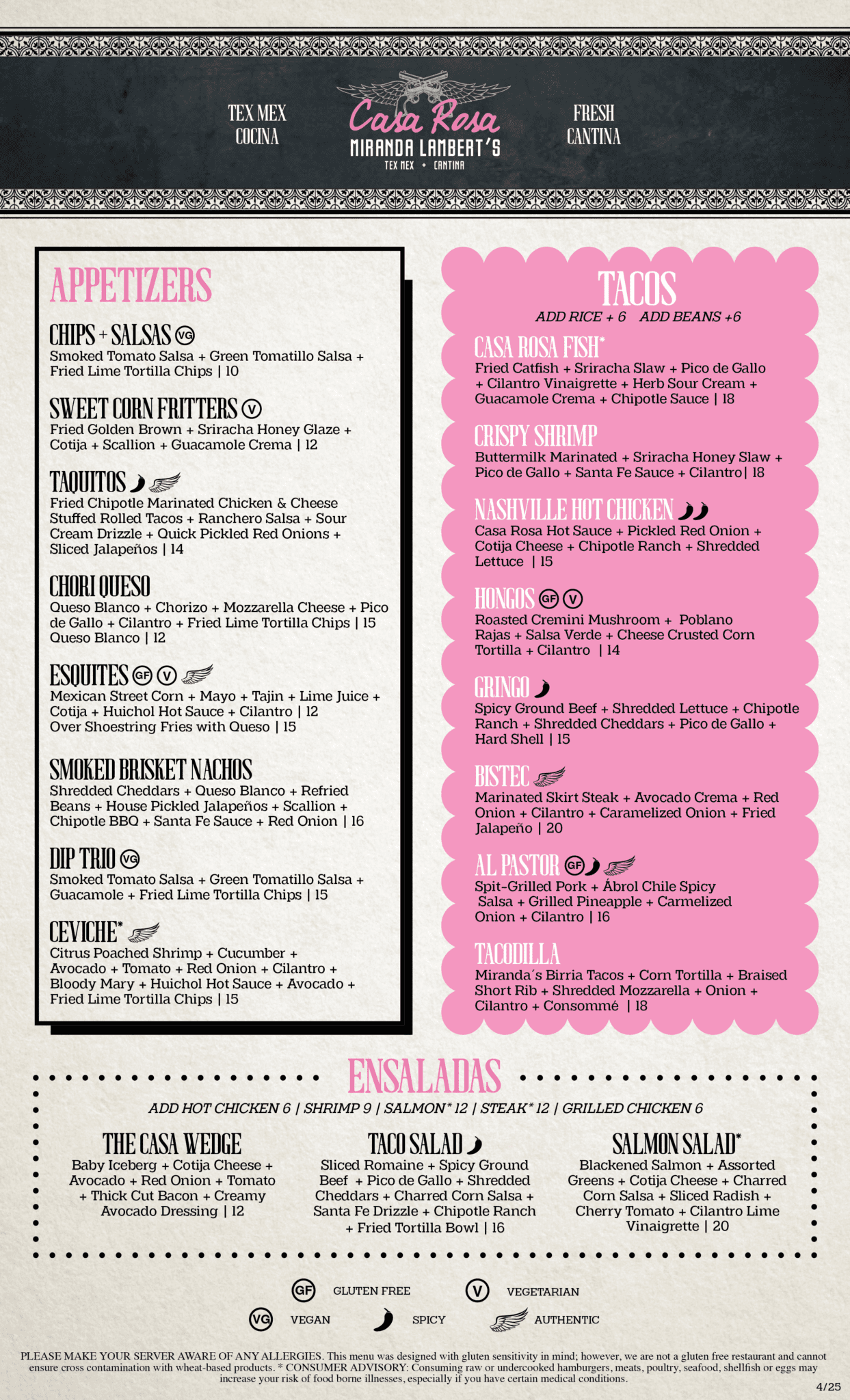 MENU - Miranda Lambert's Casa Rosa Nashville