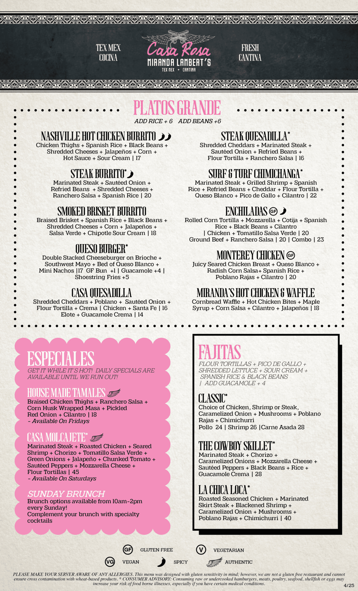MENU - Miranda Lambert's Casa Rosa Nashville