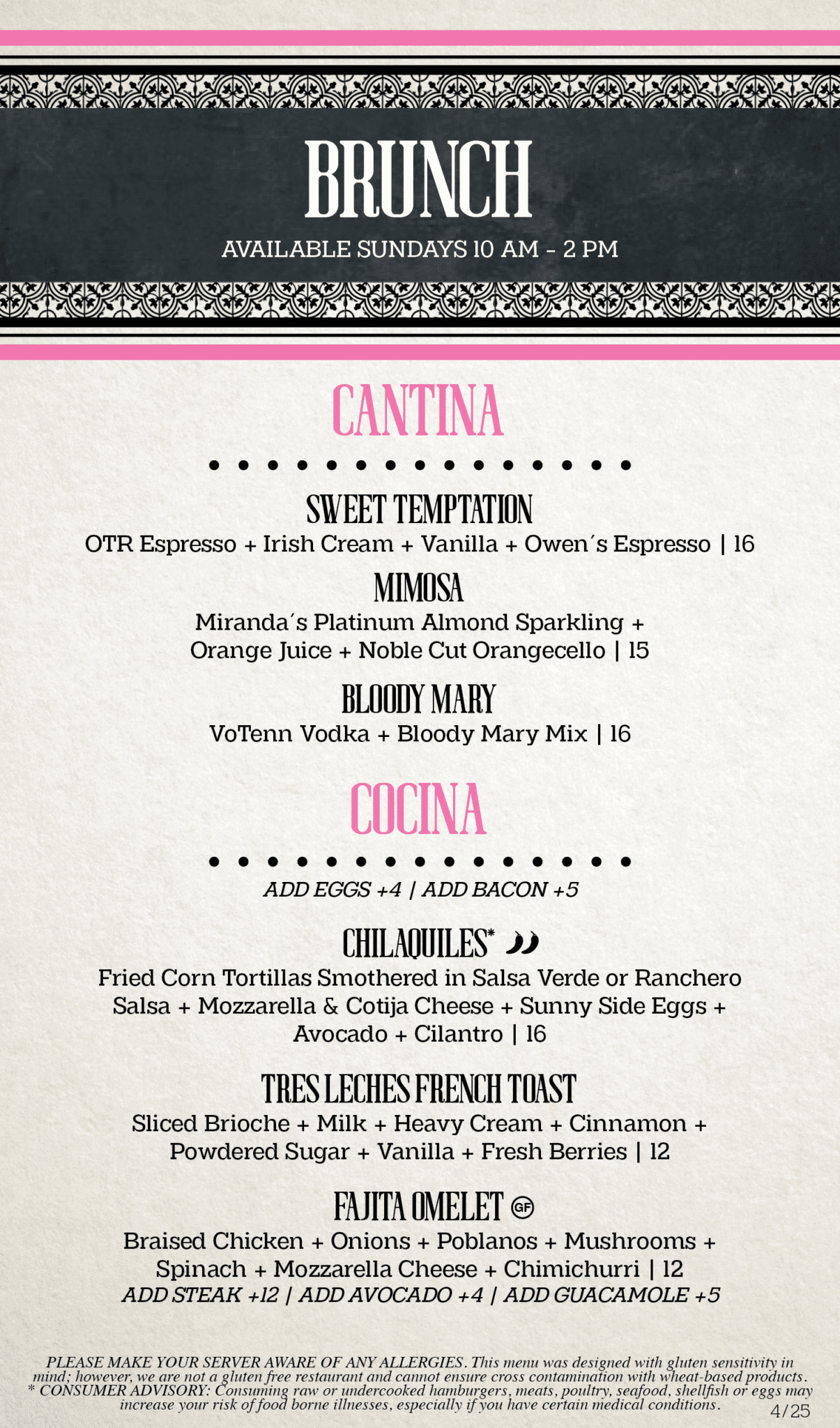 MENU - Miranda Lambert's Casa Rosa Nashville