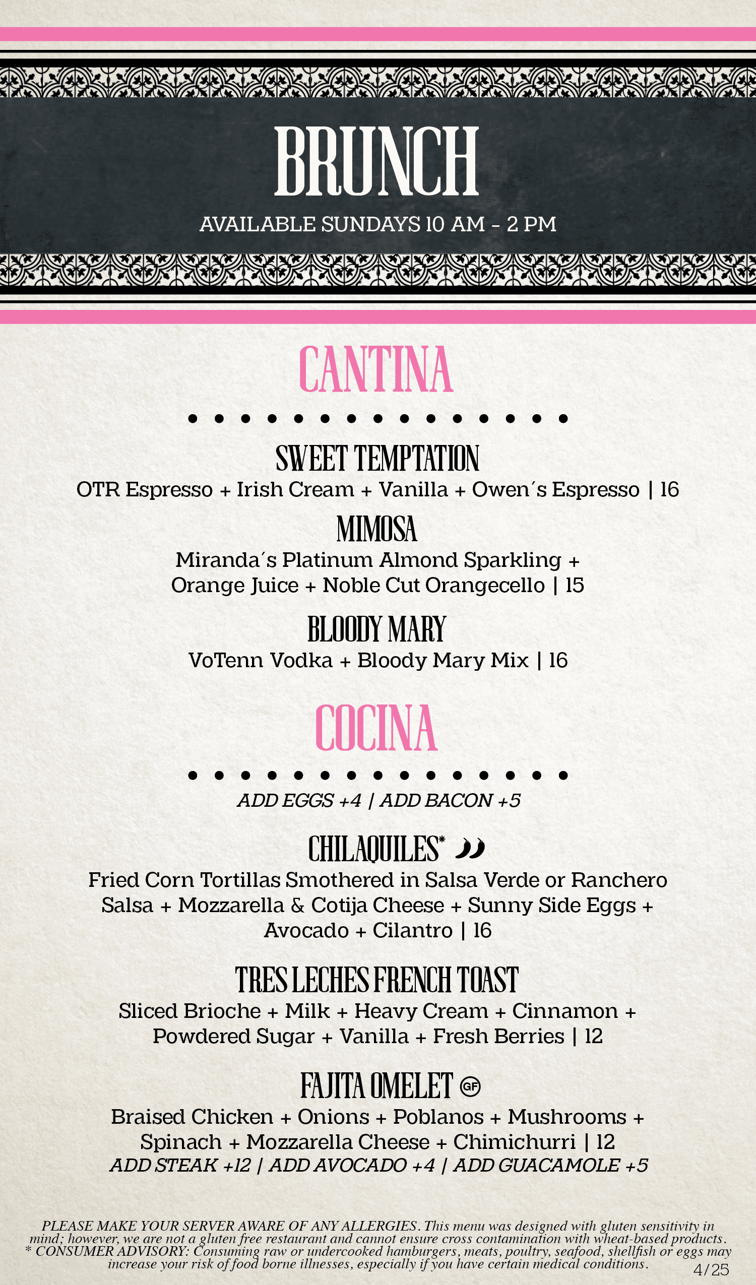MENU - Miranda Lambert's Casa Rosa Nashville