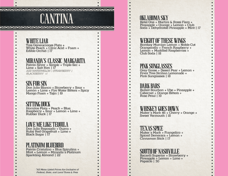 MENU - Miranda Lambert's Casa Rosa Nashville